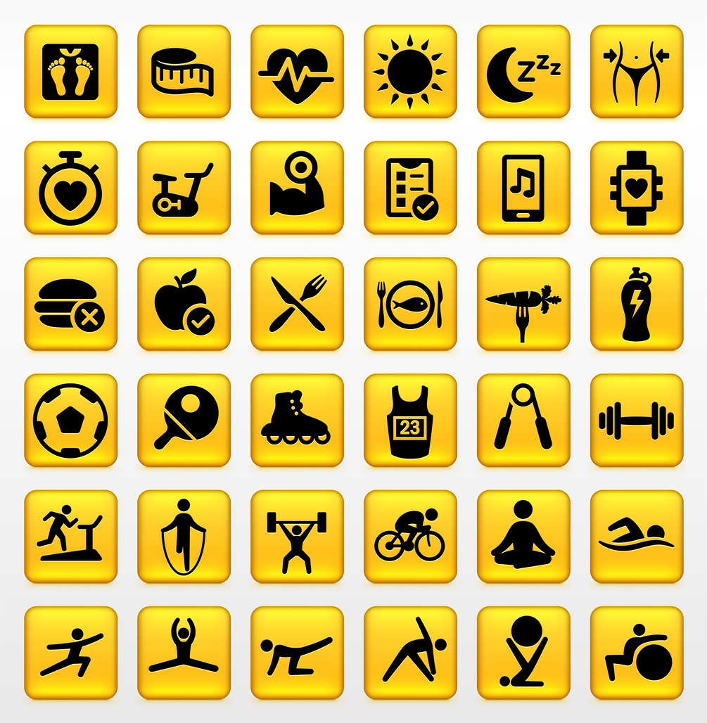 Set of 36 Vector Fitness and Diet Icons on Yellow Buttons