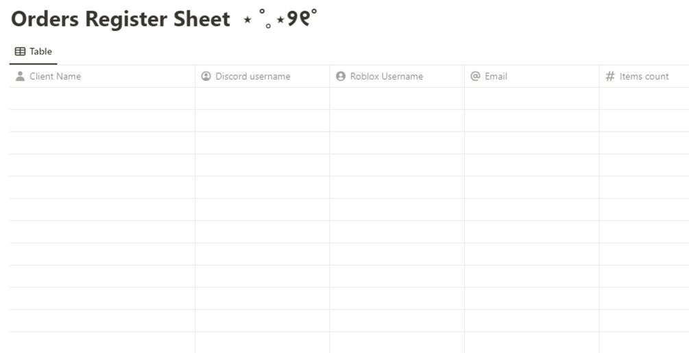 Free Notion Template ┊Orders Register Sheet ⋆ ˚｡⋆୨୧˚