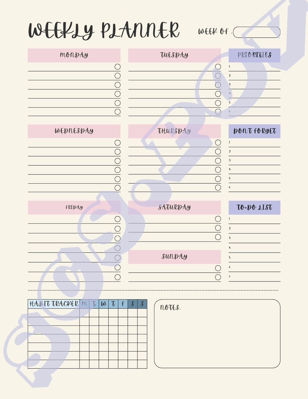 Detailed Pastel Weekly Planner