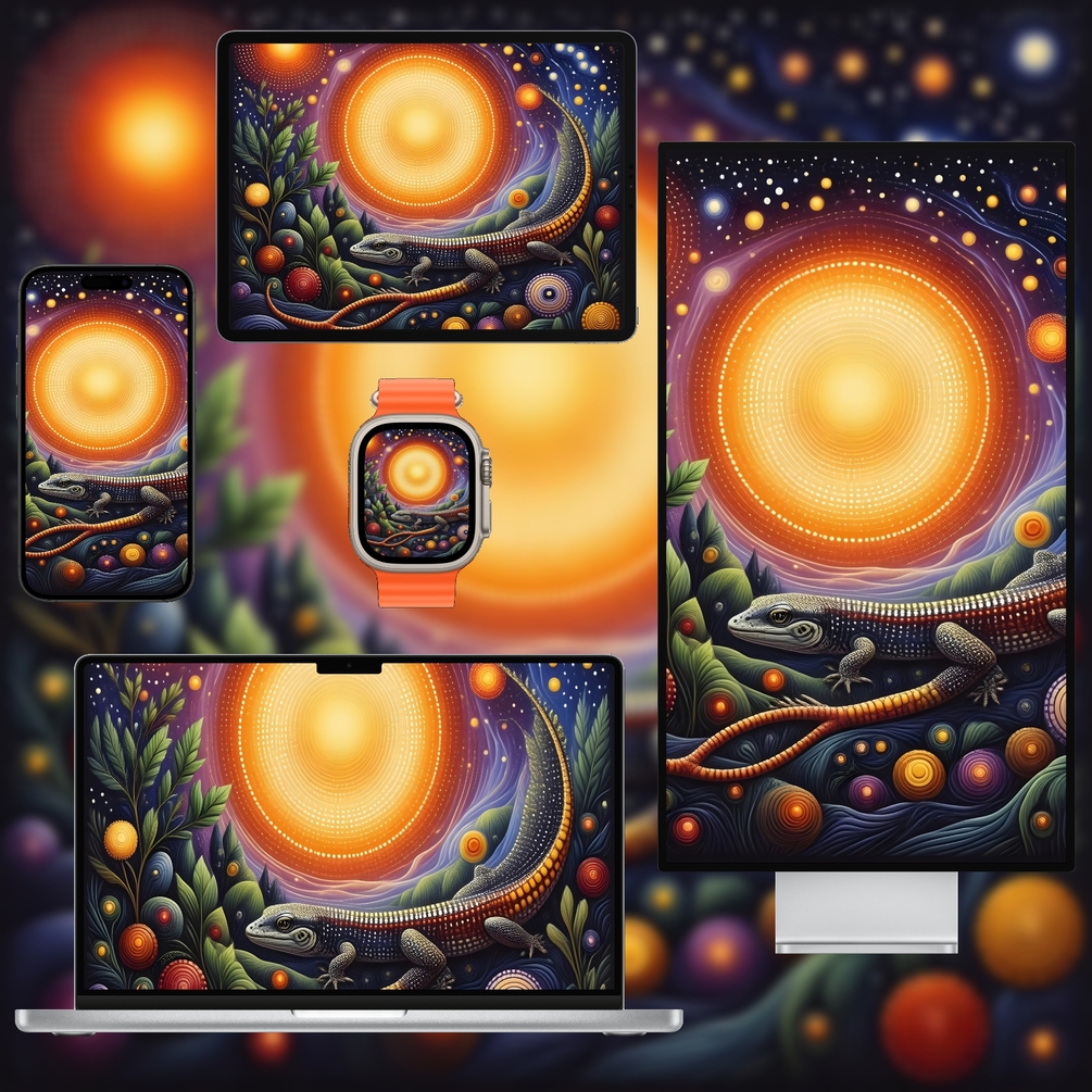 Radiant Aboriginal-Inspired Dreamtime Artwork – Intricate Cosmic Lizard ...