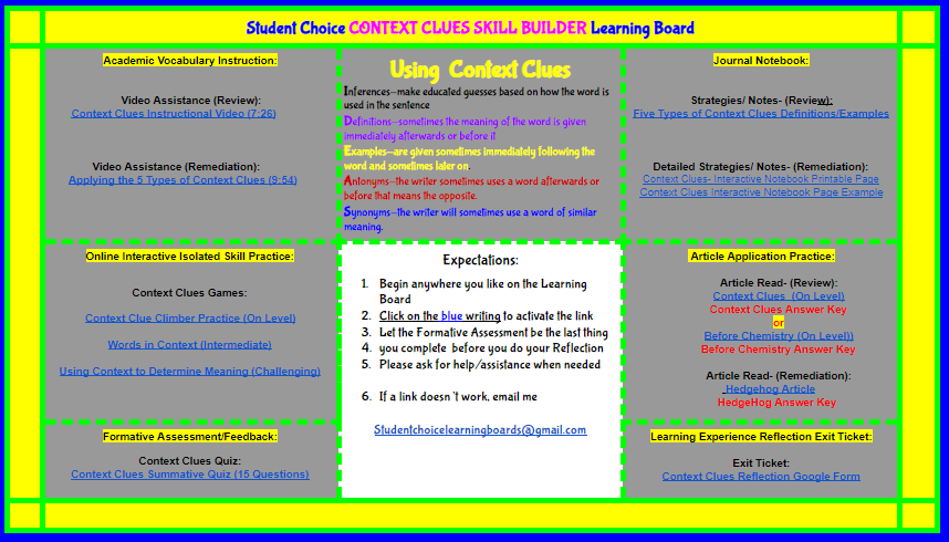 Context Clues Student Choice Learning Board (Hyperdoc)
