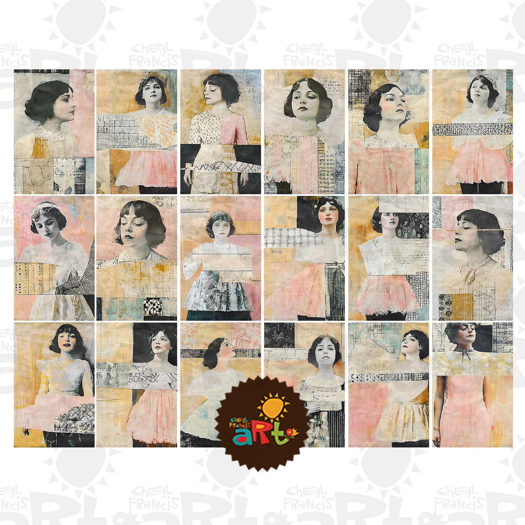 18 pc Collage Young Lady in Pastel Colors Patterns Printable Junk ...