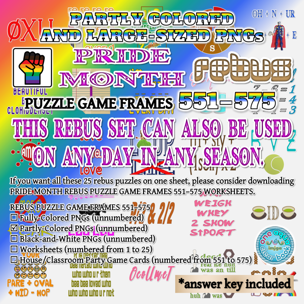 Partly Colored PRIDE MONTH Rebus Puzzle Game Frames 551–575 PNGs