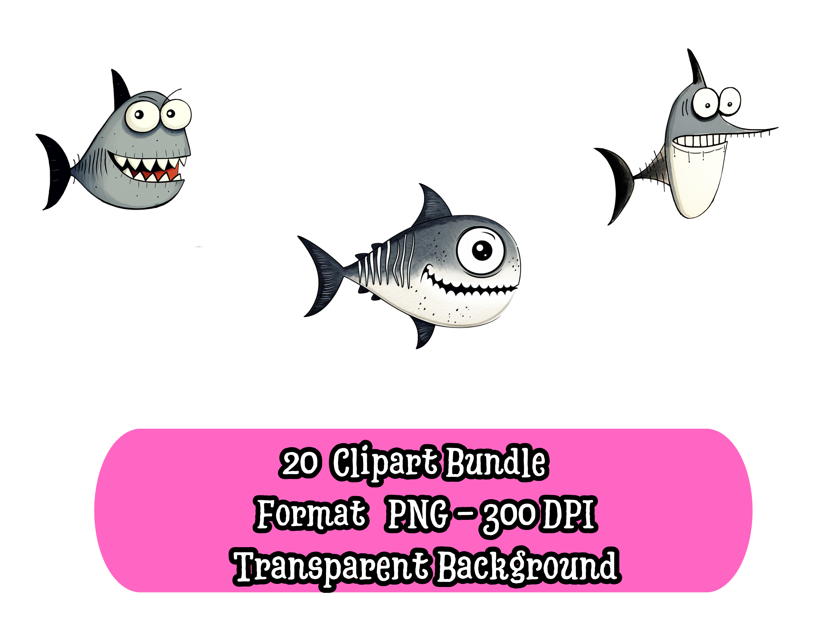 Cartoon Shark Bundle. 20 PNGs Clipart