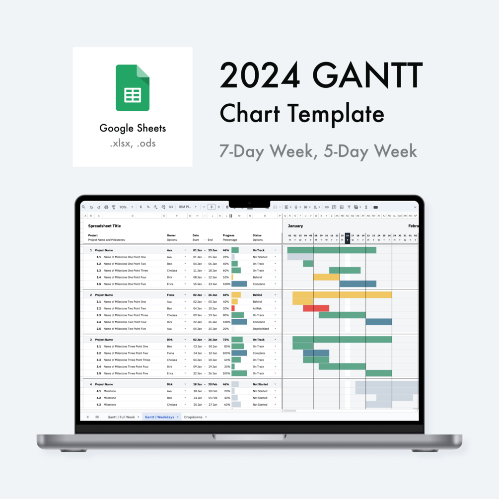 2024 Gantt Chart Template | Google Sheets | .XLSX | .ODS | 7-Day Week | 5-Day Week | Business ...