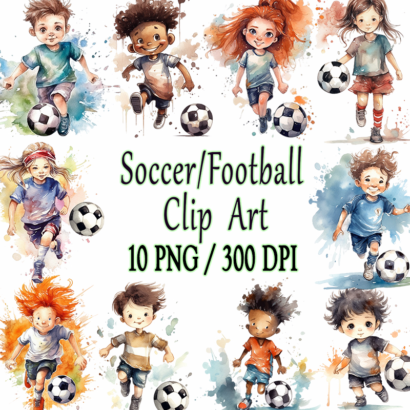 Watercolor Soccer Clip Art, football clipart, childs room, birthday ...