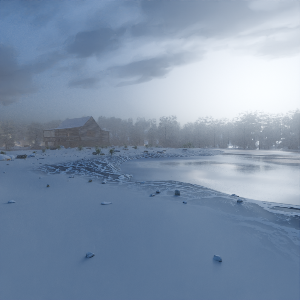 Winter Cabin by the Frozen Lake - 3D Blender Artwork
