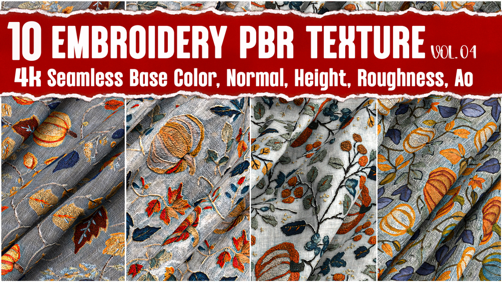 Embroidery Fabric VOL.04| 4K Seamless PNG PBR Textures
