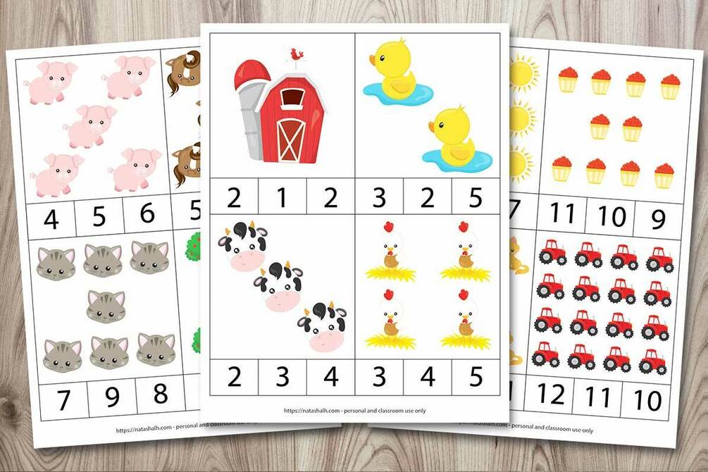 Farm Counting Clip Cards for Preschool (counting clip cards 1-12)