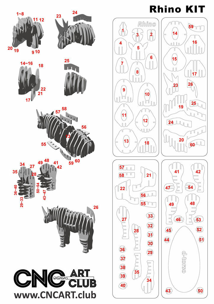 10014 - 3D Rhino DXF plan for CNC router and Laser cut