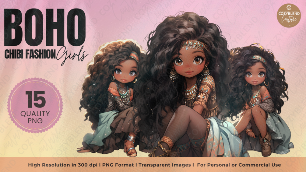 Boho Chibi Fashion Girls Clipart Set - Trendy Hippie Style - Digital ...