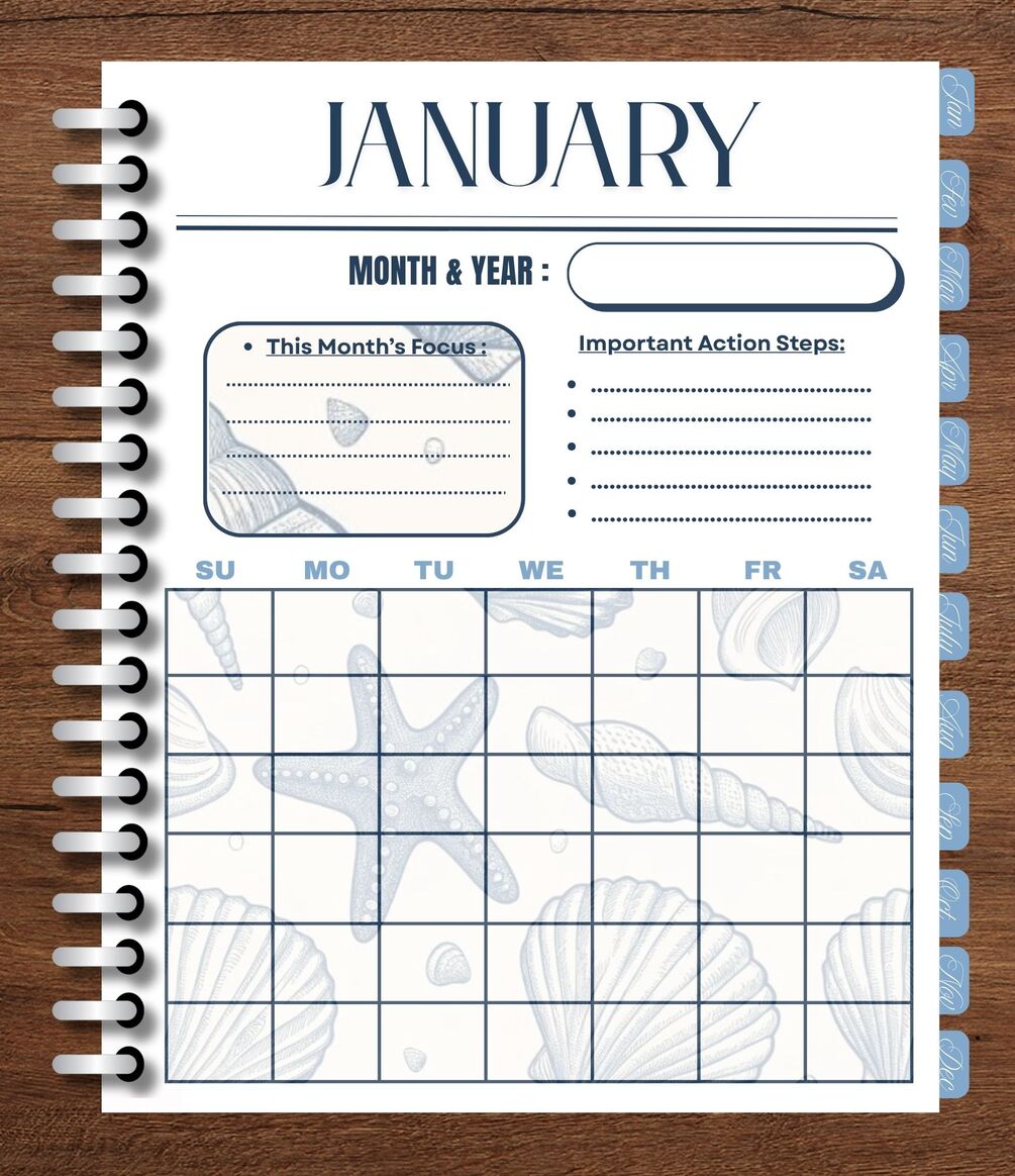 Undated Marine Style Digital Planner – 12 Months + notes 🌊