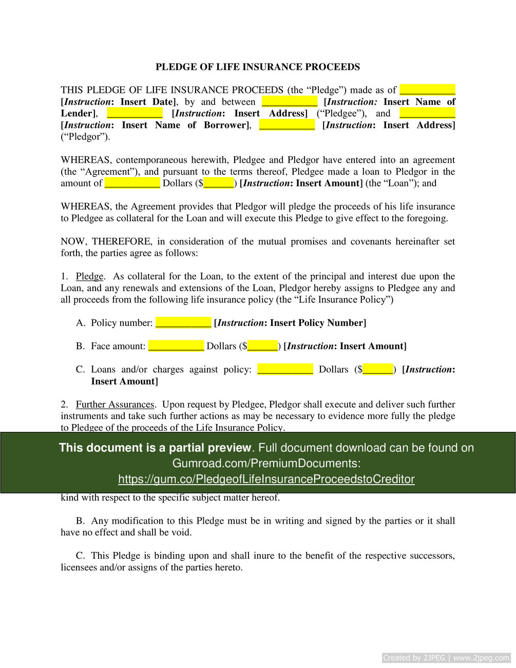 Pledge of Life Insurance Proceeds to Creditor