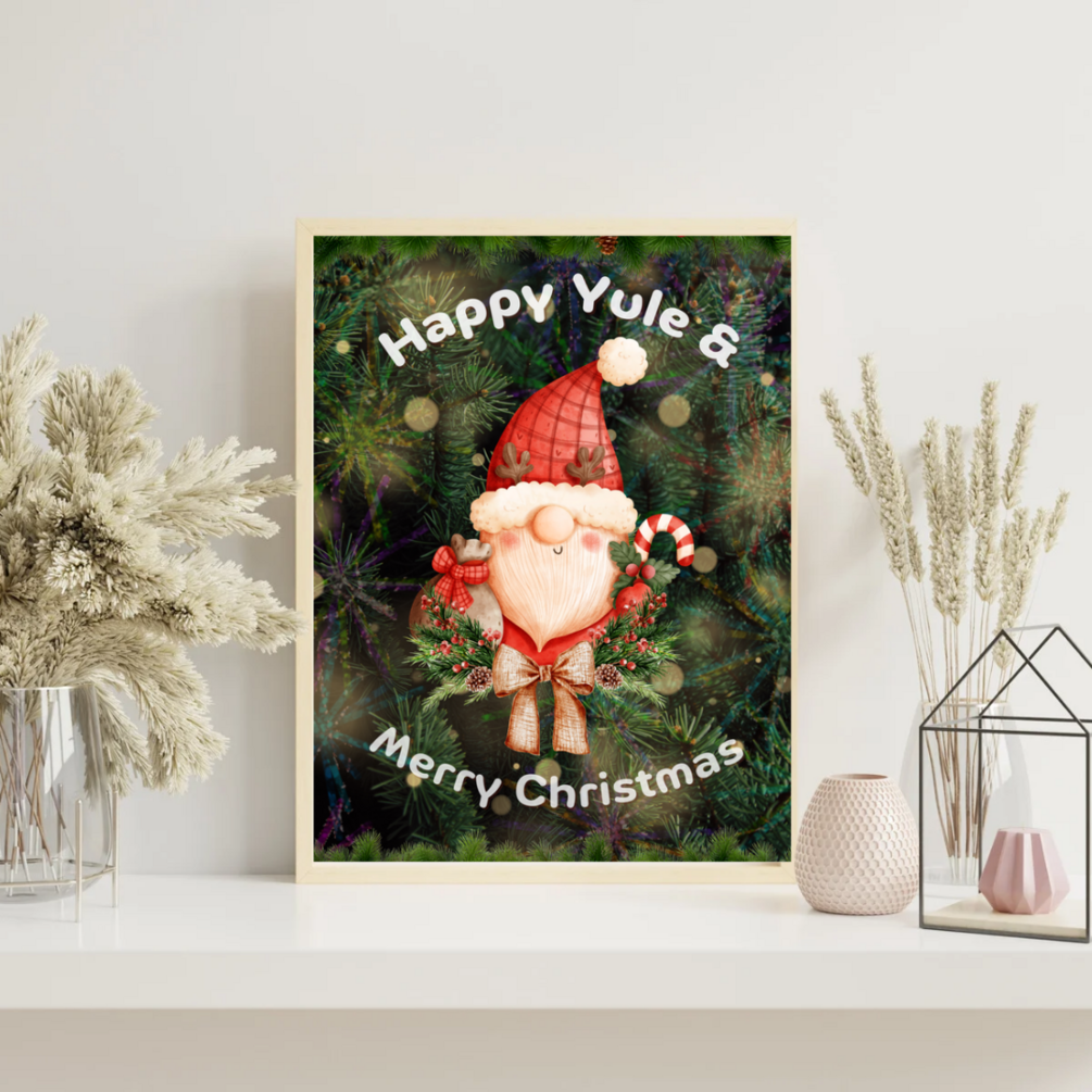 Happy Yule & Merry Christmas Printable Card - Holiday Gnome Design