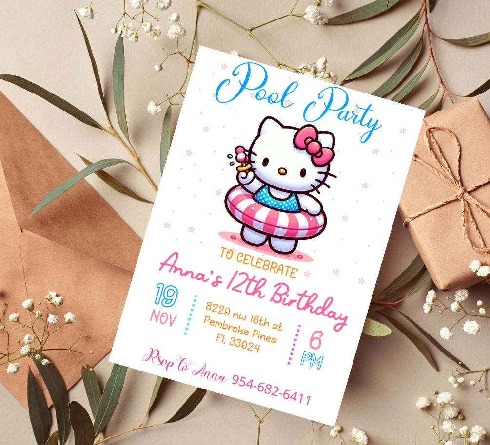 Hello Kitty Pool Birthday Invitation | Fun & Customizable Summer Party ...