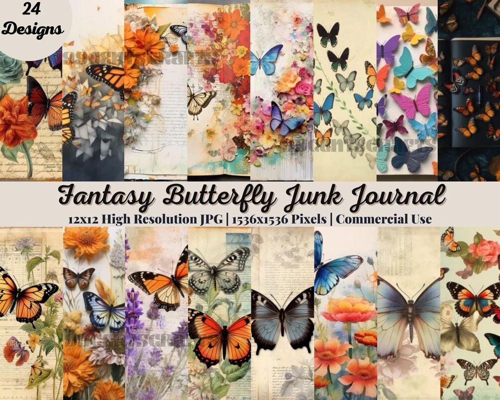 24 Fantasy Butterfly Junk Journal Kit Watercolor Butterfly Journal ...