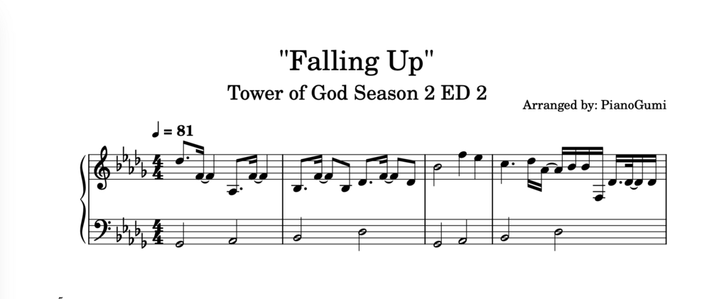 Tower of God Season 2 ED 2 - "Falling Up" - EASY Piano Sheet Music