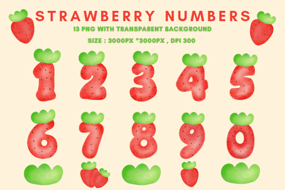 Cute Alphabet Strawberry Numbers PNG3000*3000
