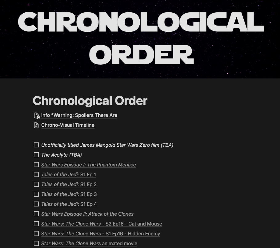 Star Wars Watch Order Checklists Notion Template