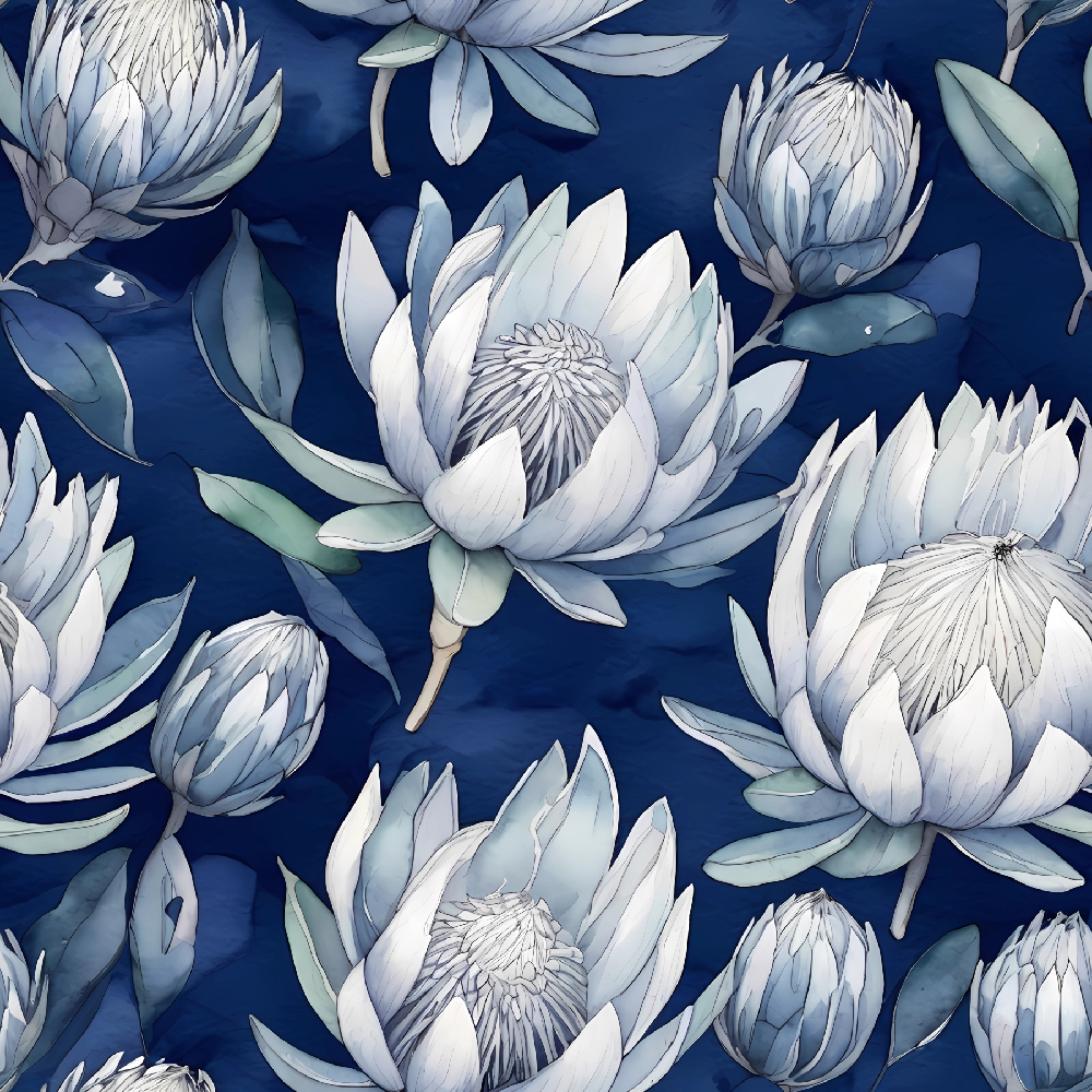 Free White Protea Doodle On Navy Watercolor Digital Papers Seamless ...