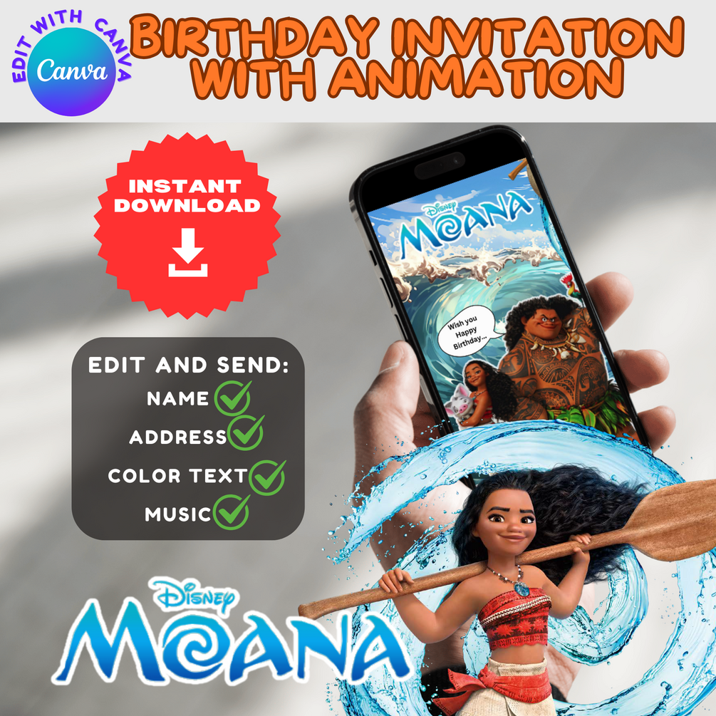Moana Theme Birthday Invitation Video For Kids -Template On Canva