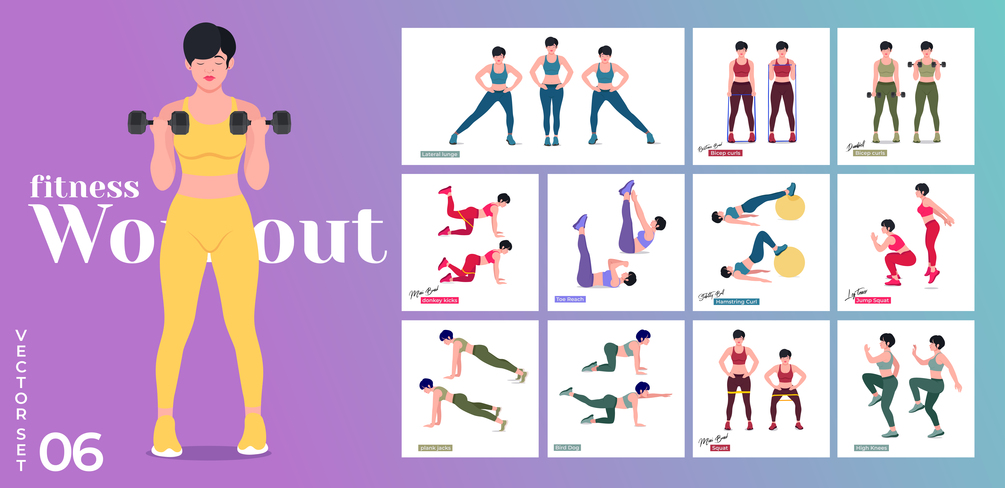Women Fitness Workout Illustration set.