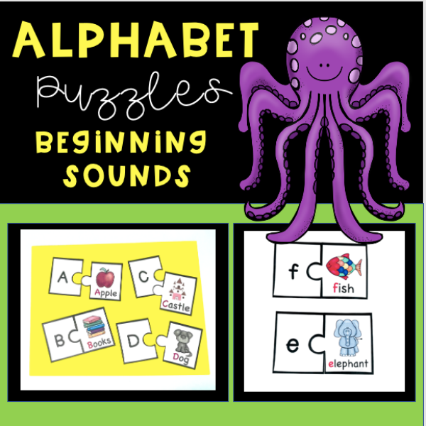 Alphabet Beginning Sounds Matching Puzzles + Short and Long Vowels