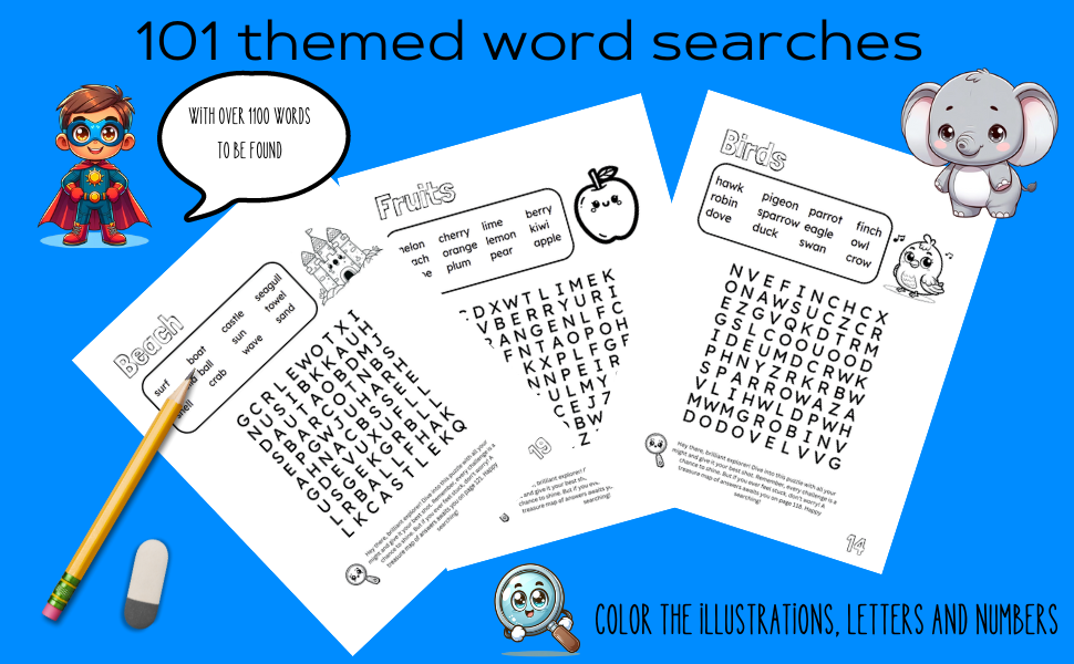 Printable 101 Word Search Puzzles for kids ages 6-8 (for personal use)