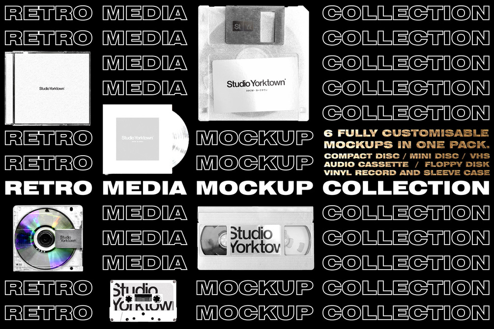 Free Retro Media 6-in-1 Mockup Template Pack