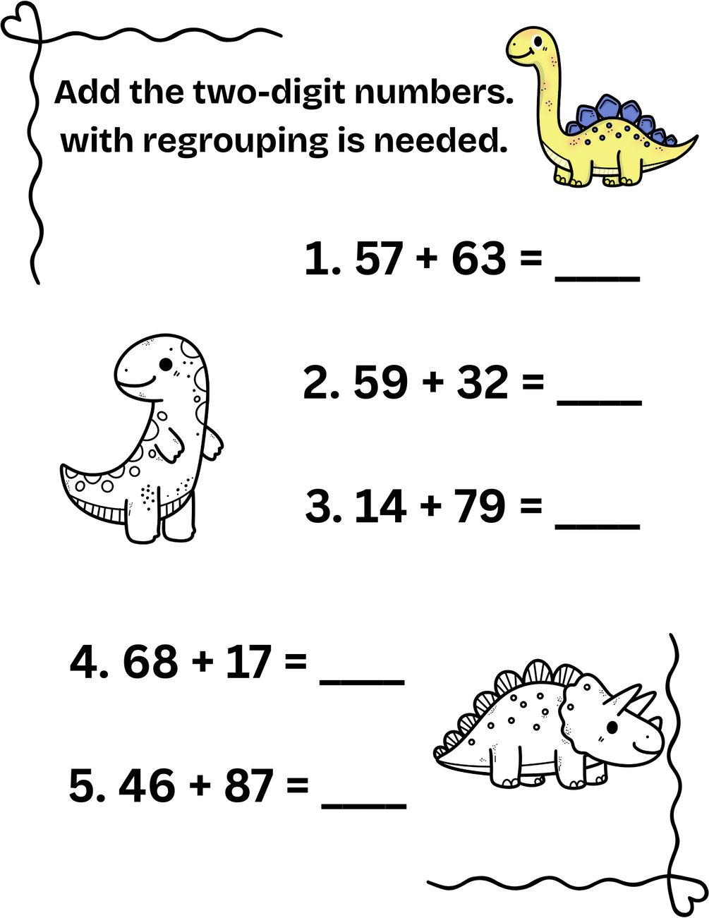 Dinosaur 2-Digit Addition Worksheets | Grade 1 Math | Regrouping + No ...