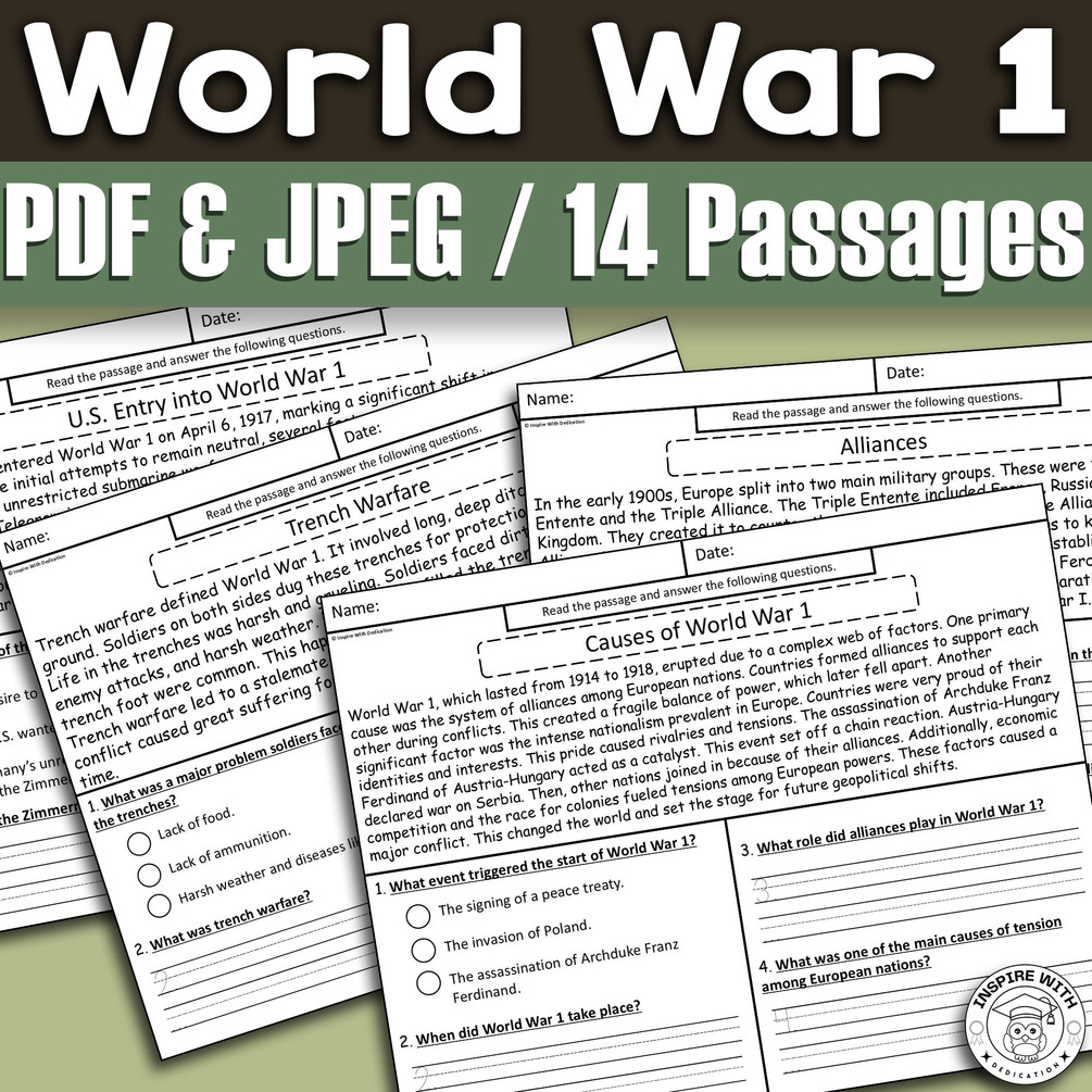 World War 1 Reading Comprehension Passages with Questions | Grades 5-7