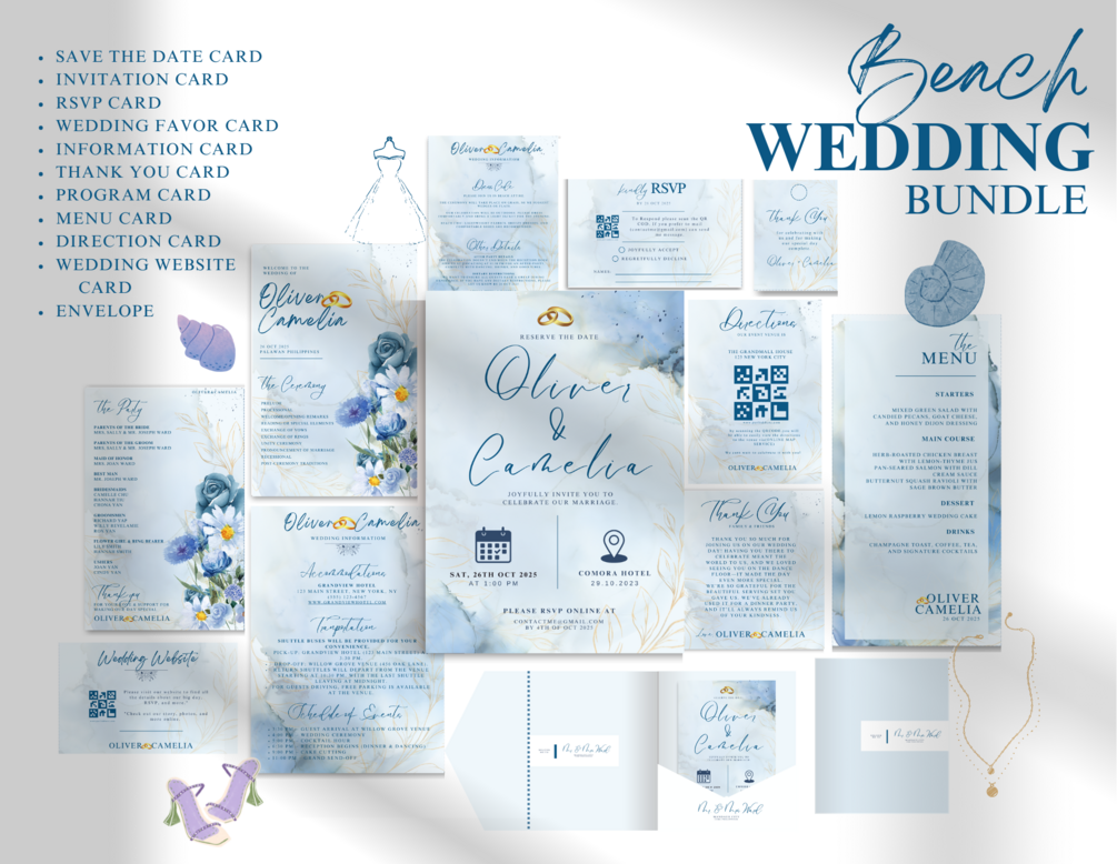 Beach Wedding Digital Template Bundle | Customizable & Printable ...