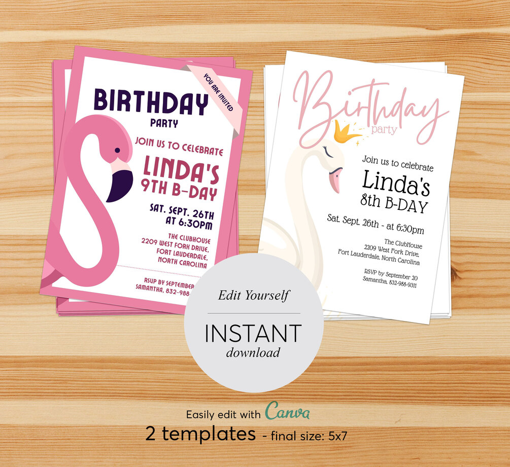 Swan Flamingo Invitation Template - Editable in Canva