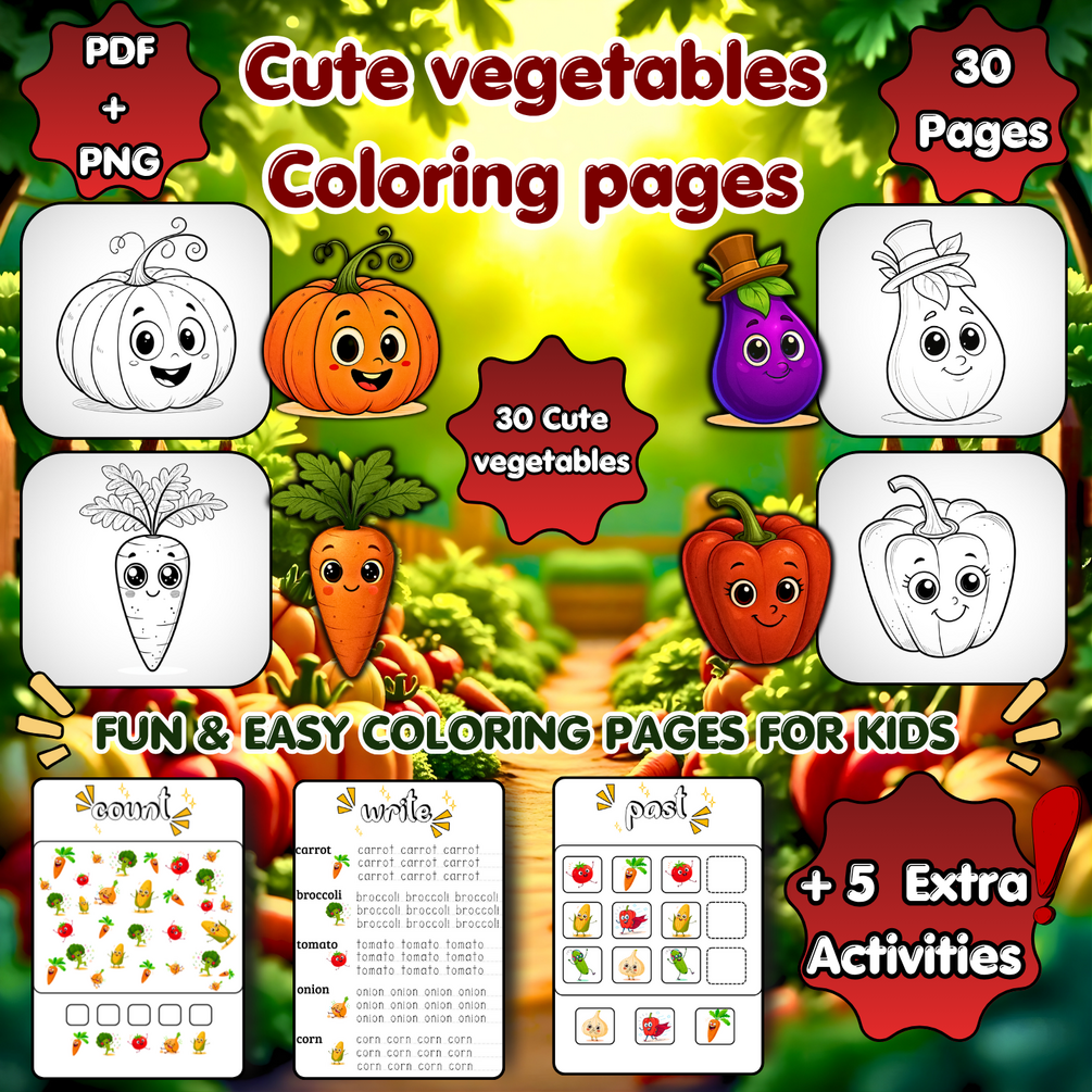 Vegetables Coloring Pack – 30 Printable Pages for Kids