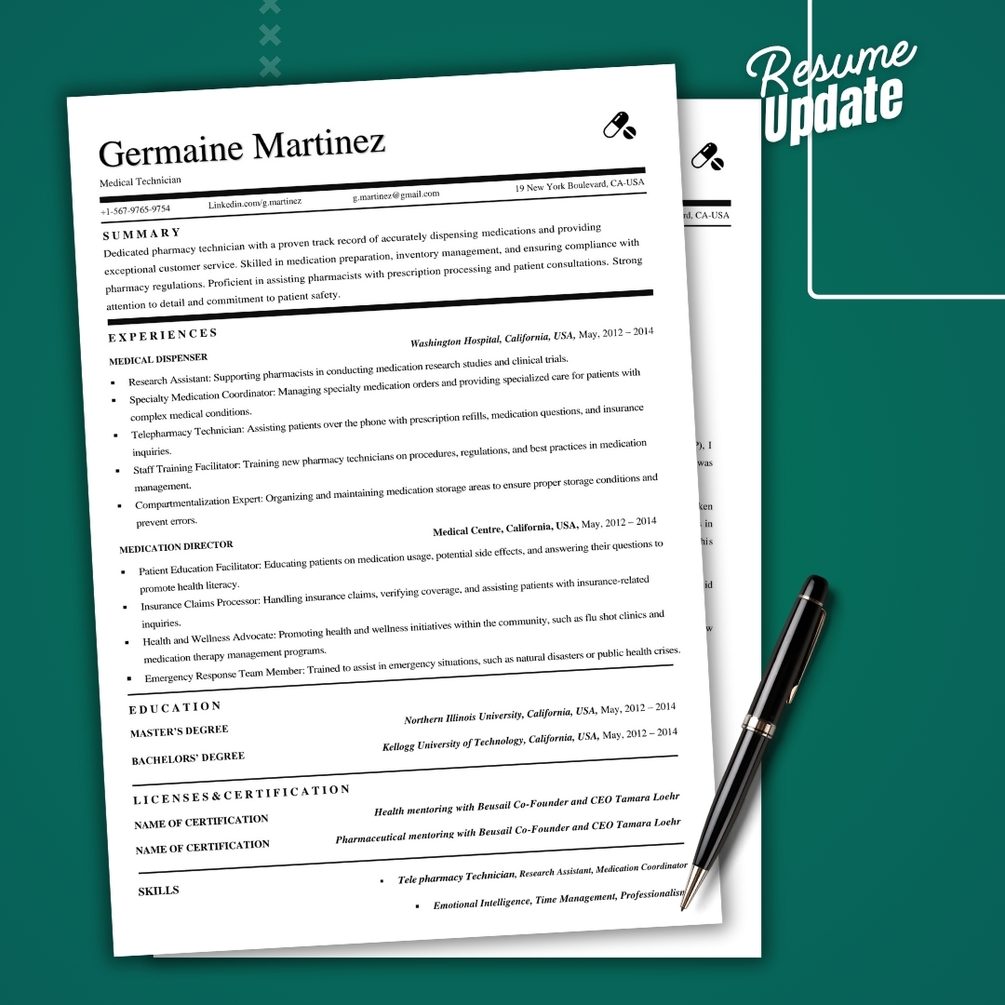 Resume update template for Medical professionals, word resume template