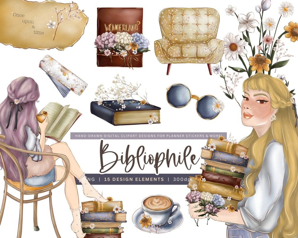 Bibliophile's Dream Clipart: Book Lovers' Reading Bundle PNG, Vintage ...