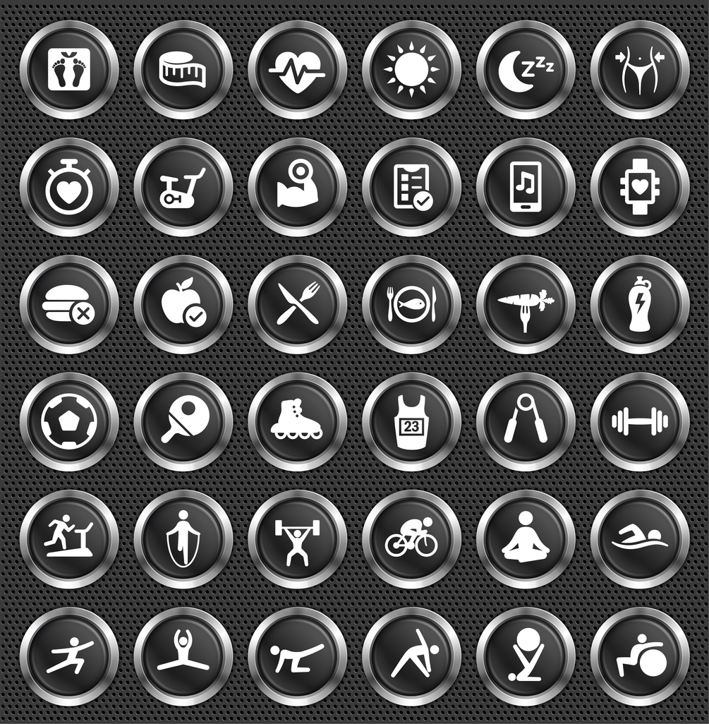 Set of 36 Vector Fitness and Diet Icons on Round Buttons.