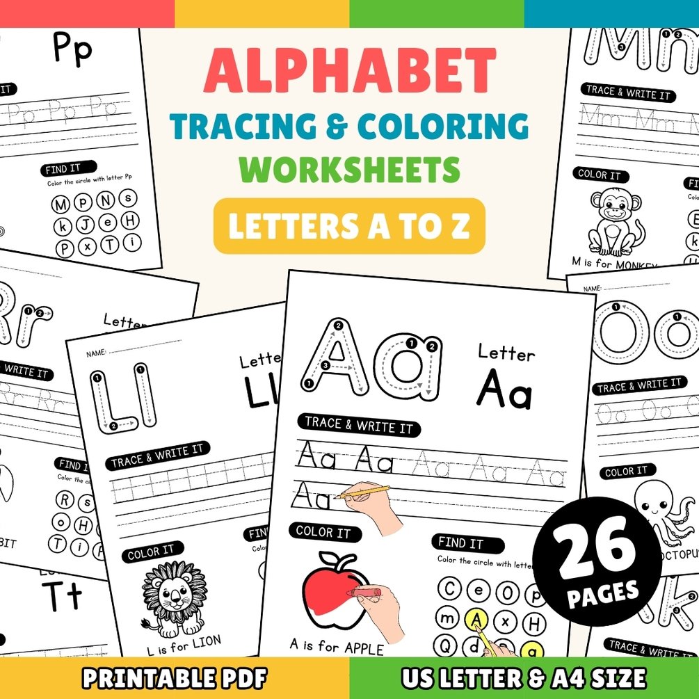 Alphabet Tracing & Coloring Worksheets A-Z – Fun Printable Preschool ...