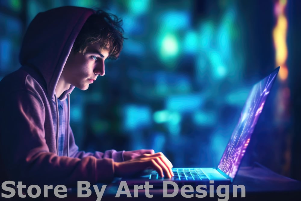 Gamer dude using a laptop - 2 images