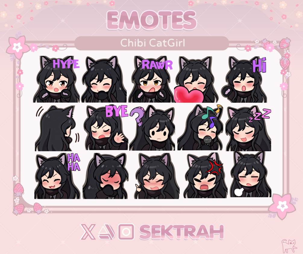 Chibi Cat Girl Black hair Mittens Emote/Sticker Pack streaming on ...