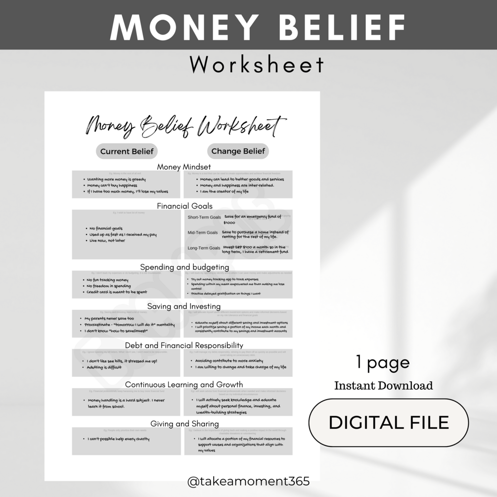 Printable Money Belief Worksheet, Changing Money Beliefs, Self ...