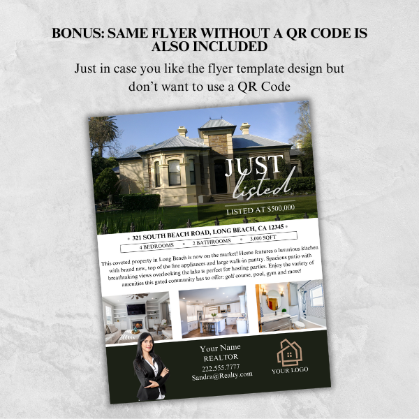 Just Listed Flyer with QR Code | Real Estate Canva Template | For Sale ...