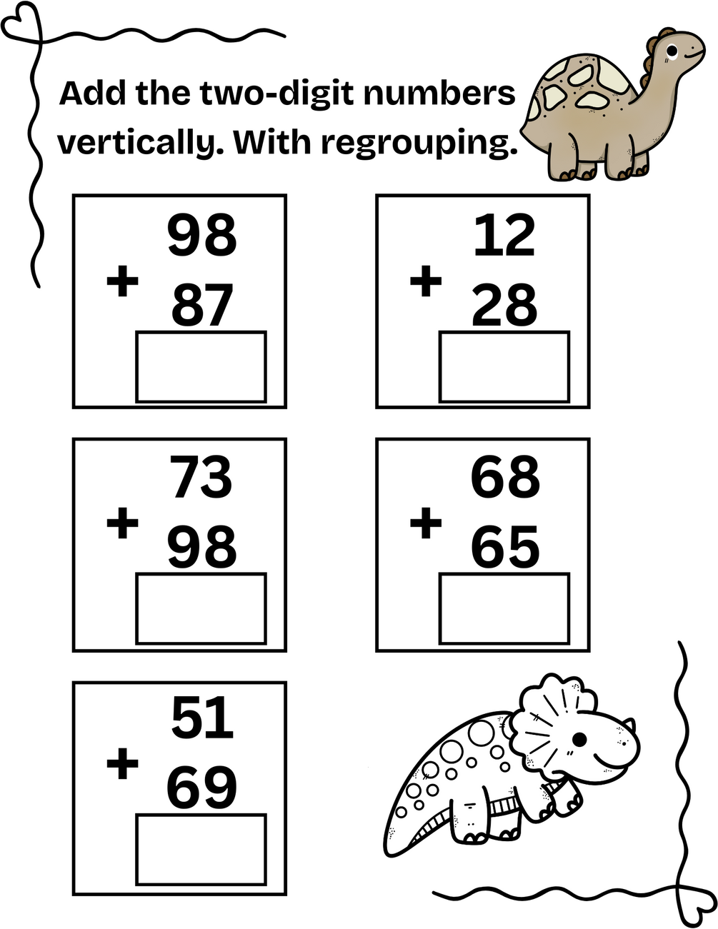 Dinosaur 2-Digit Addition Worksheets | Grade 1 Math | Regrouping + No ...