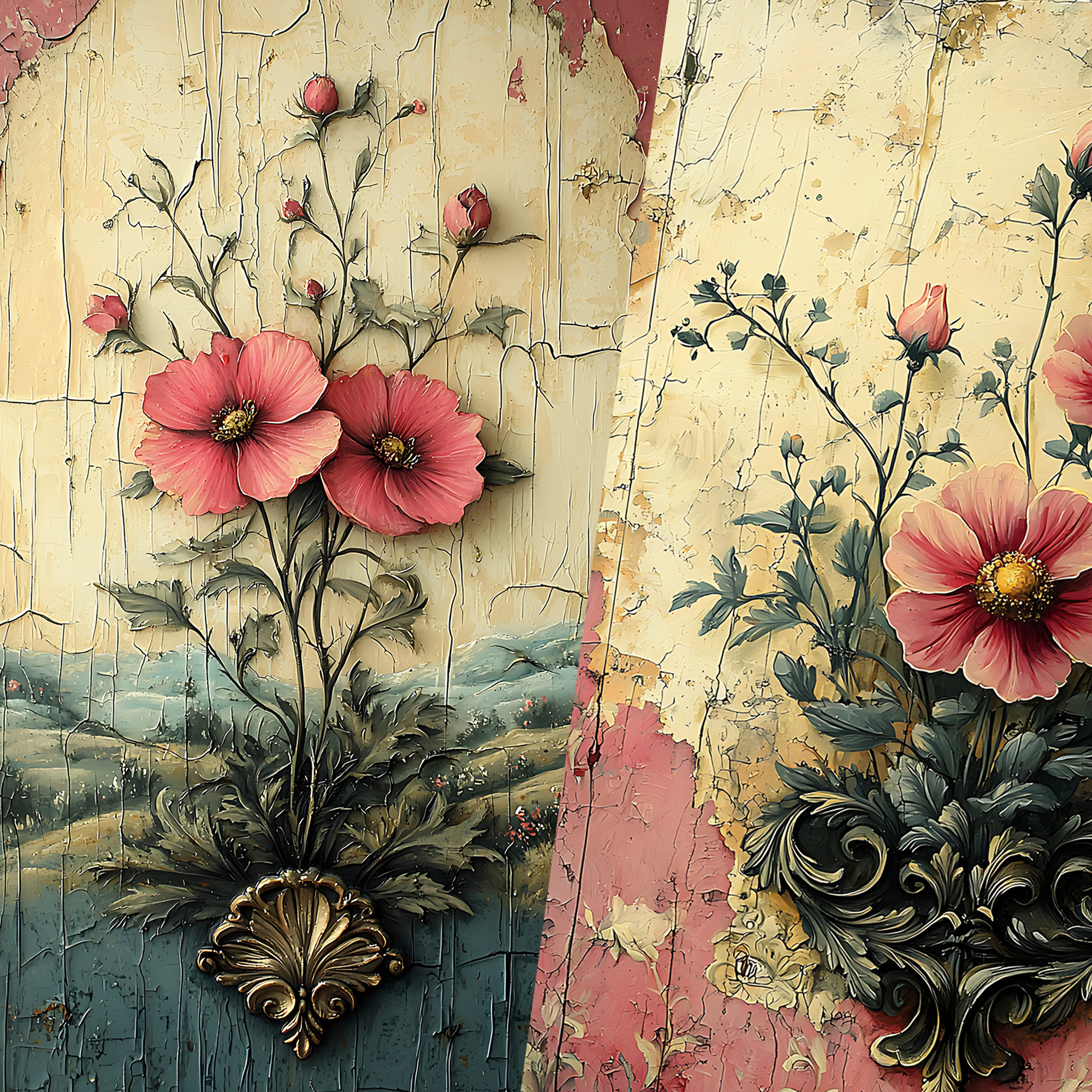 20 pc Landscape Mural with Decorative Floral Centerpiece Printable Junk ...