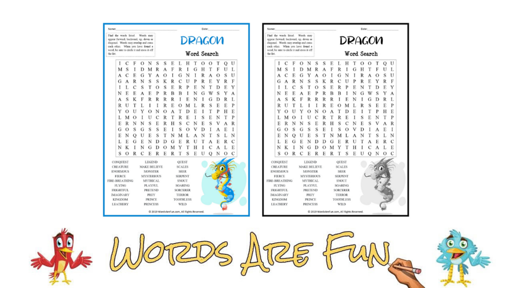 FREE DRAGON Word Search Puzzle Handout Fun Activity