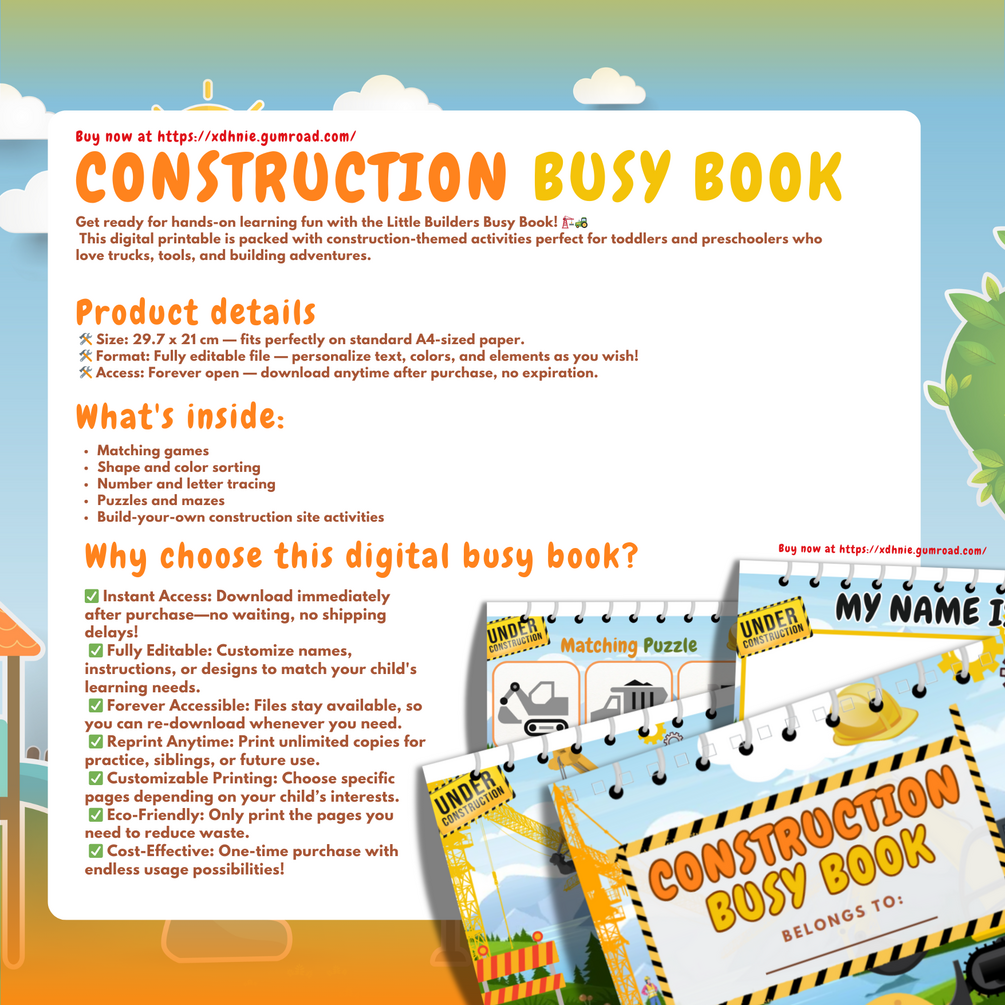 Construction Busy Book | Digital Download | Fully Editable | A4 Size ...