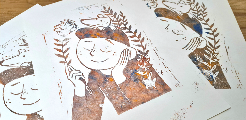 Happy face - handmade linocut - 2023