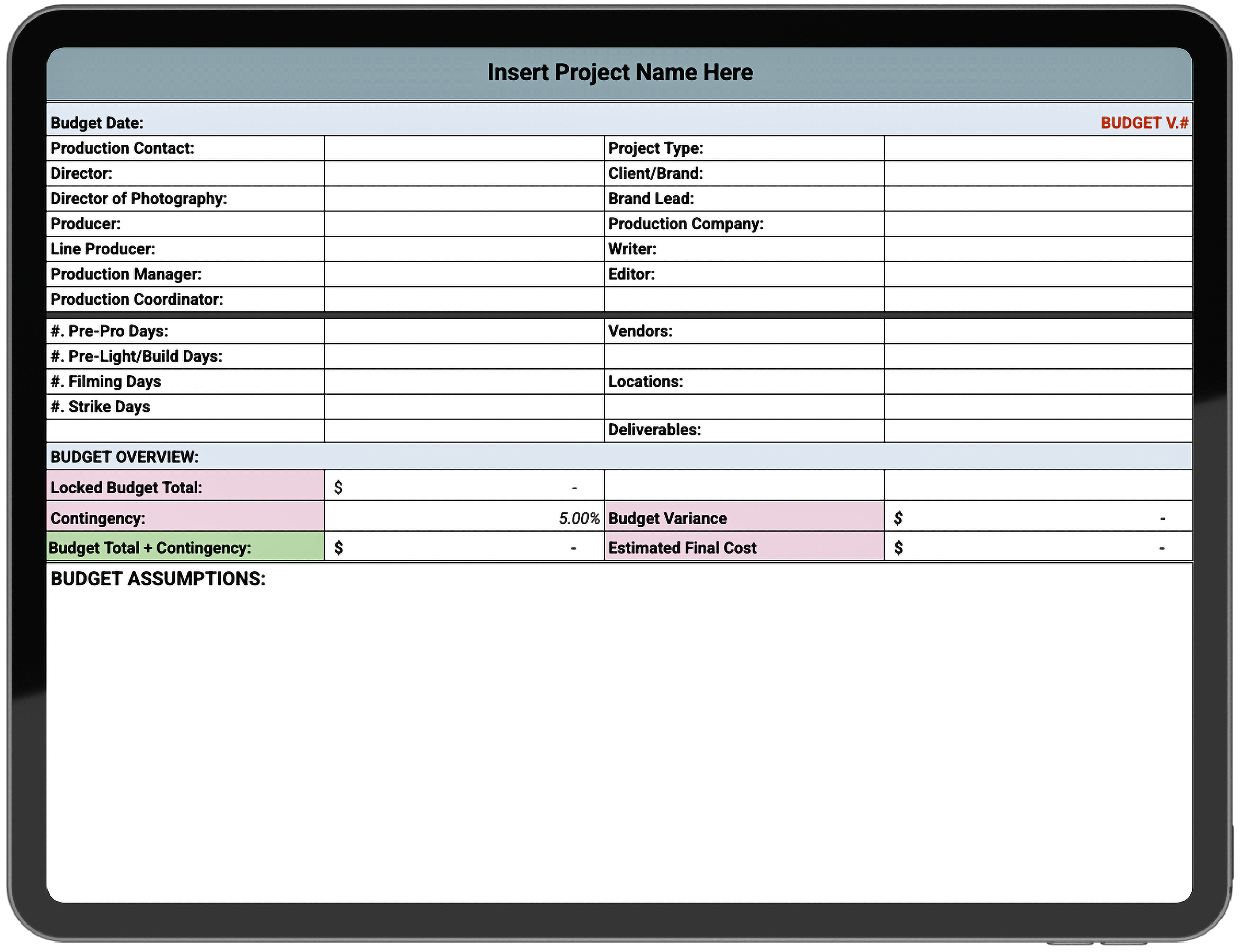 Line Item: Production Budget Template