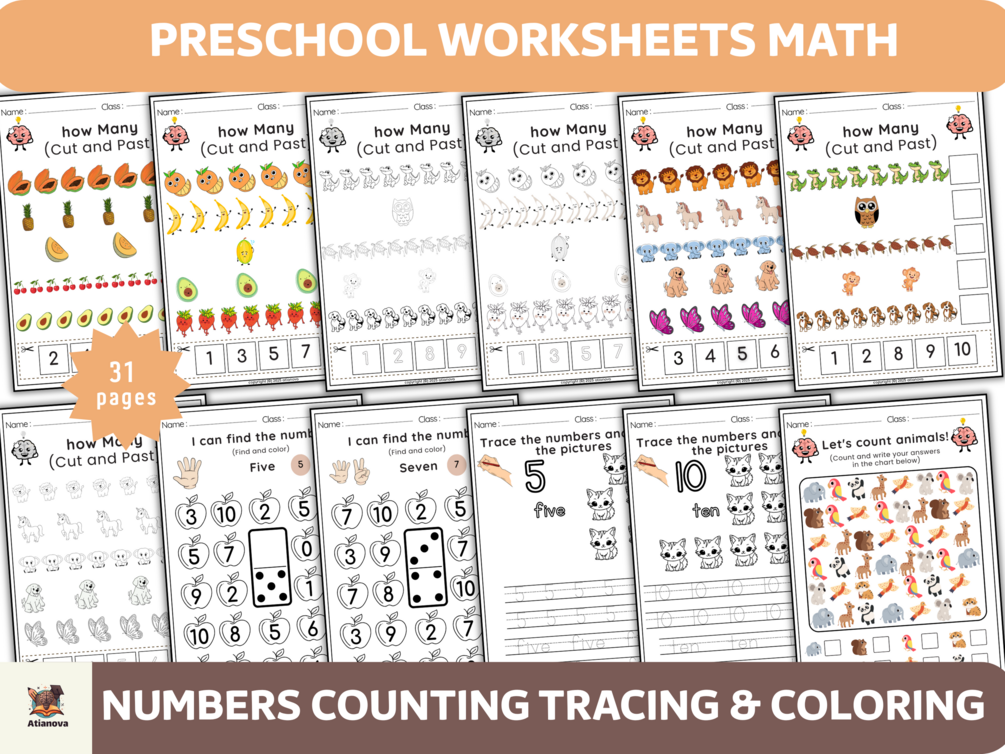 preschool worksheets math, Numbers Counting Tracing & Coloring