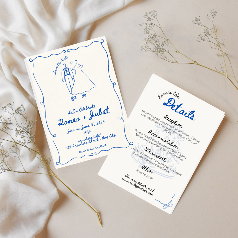 Editable Wedding Invitation Template – “Romeo + Juliet” (Blue & Pink ...